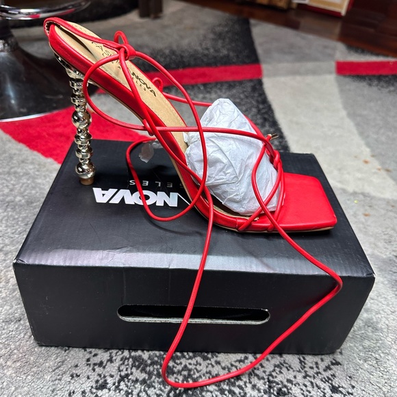 Fashion Nova | Shoes | Red And Gold Stem Heels With Wrap Around String ...